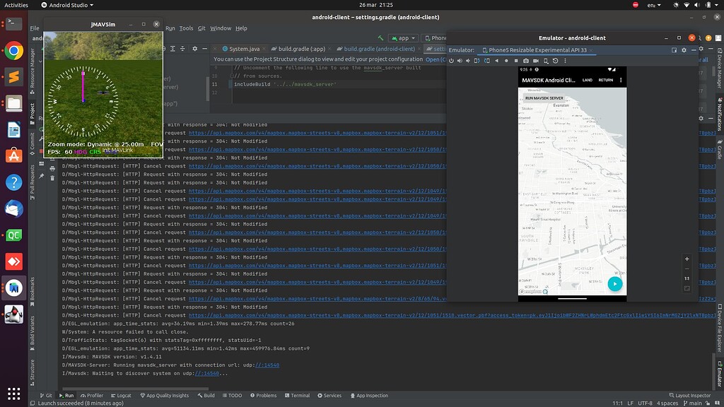 Android-client example not connecting to simulated drone and crashing when pressing Takeoff or ...